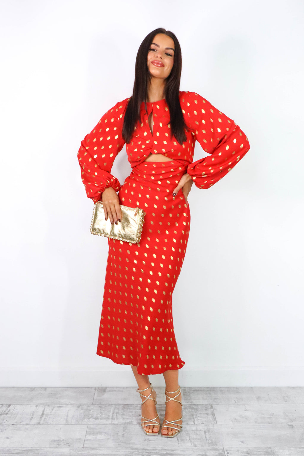 Cut Them Out - Red Gold Foil Spot Cut Out Maxi Dress – OVER-DRESSED